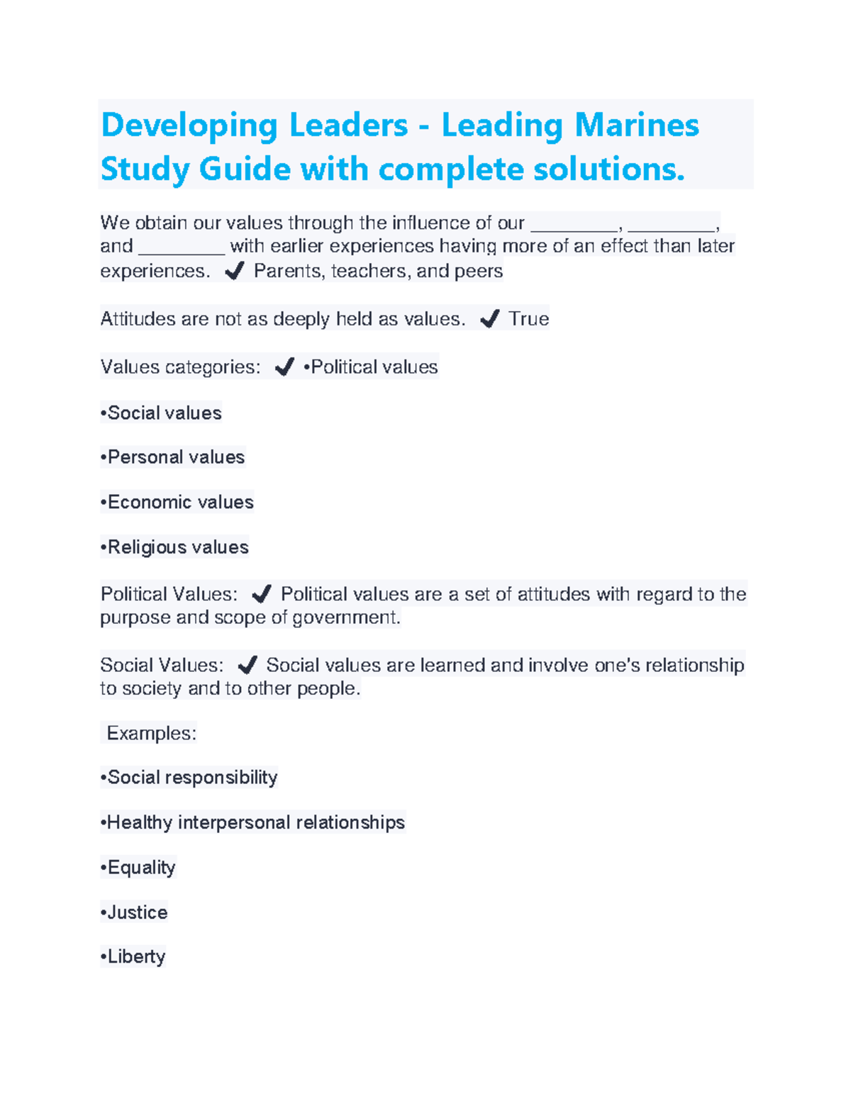 Developing Leaders: Leading Marines Study Guide (Complete Solutions ...