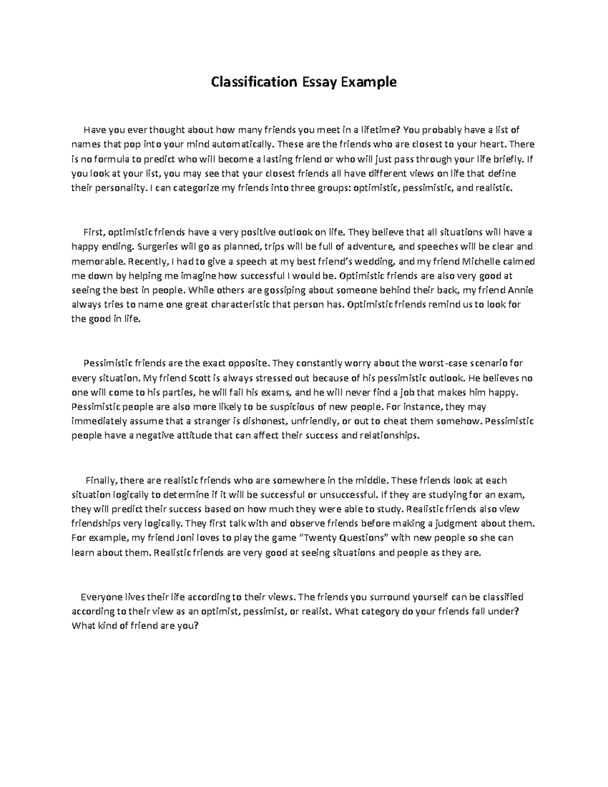 Classification Essay on Friends: Optimistic, Pessimistic, Realistic ...