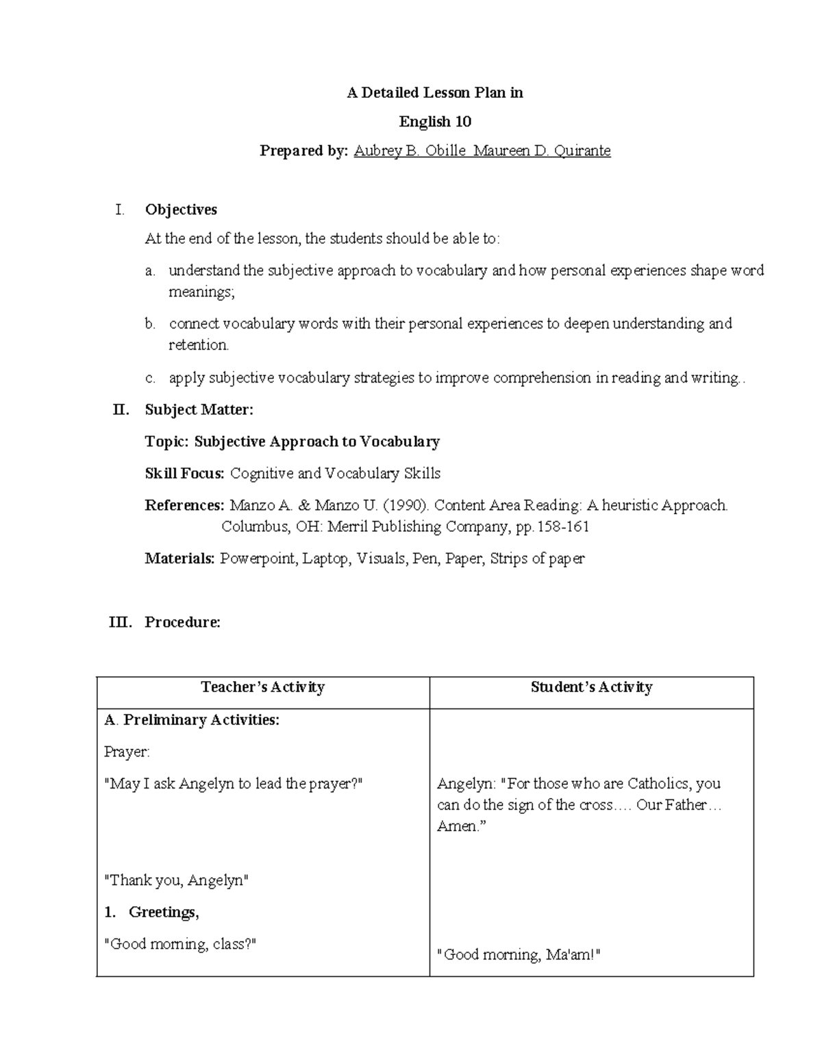 Detailed Lesson Plan on Subjective Vocabulary Approach for English 10 ...
