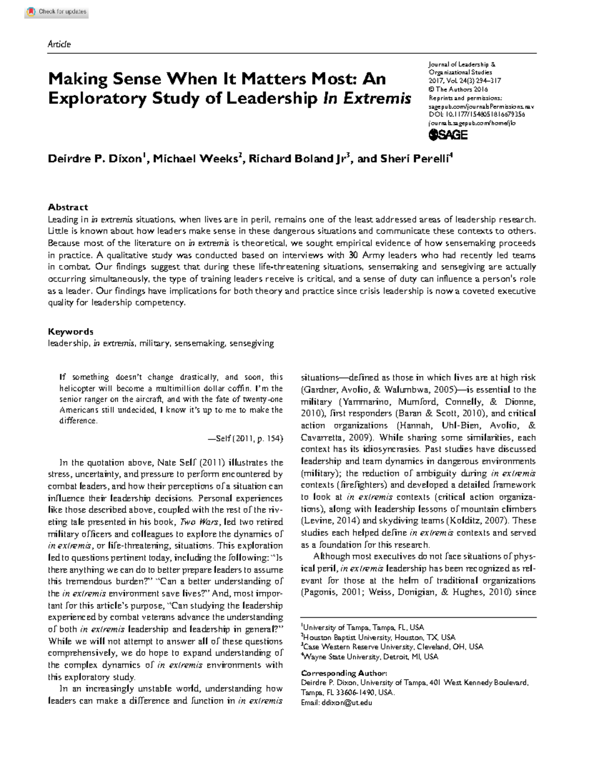 Exploratory Study on In Extremis Leadership in Military Contexts - Studocu