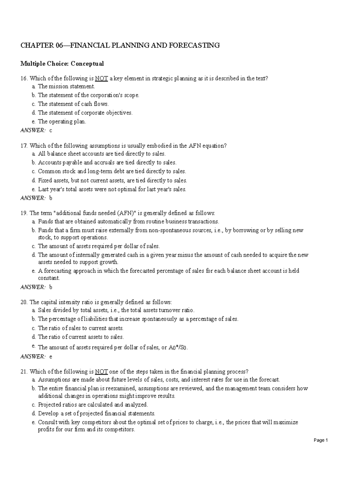 CHAPTER 16: PLANNING AND FORECASTING Multiple Choice Questions - Studocu