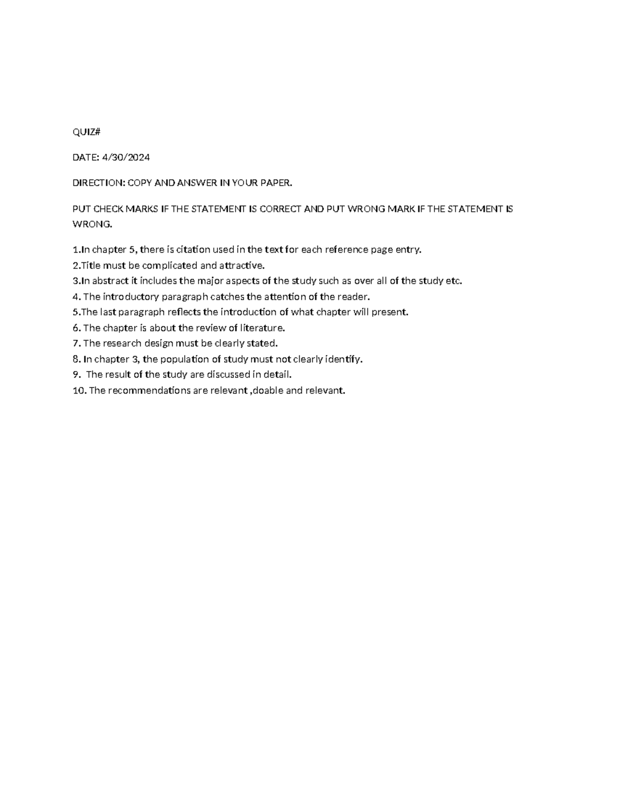 QUIZ1-4-30 - .. ..... - QUIZ# DATE: 4/30/ DIRECTION: COPY AND ANSWER IN ...