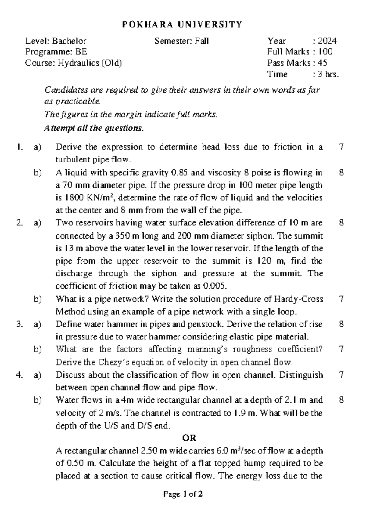 Hydraulics (Old) BE Fall 2024 Question Paper - Studocu