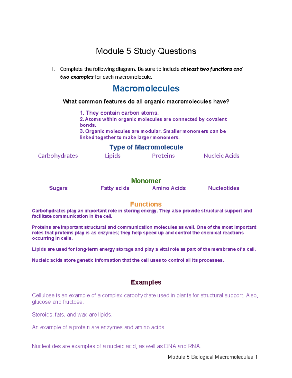 Biology - BIOL 101 Module 5 Macromolecules Study Guide - Studocu