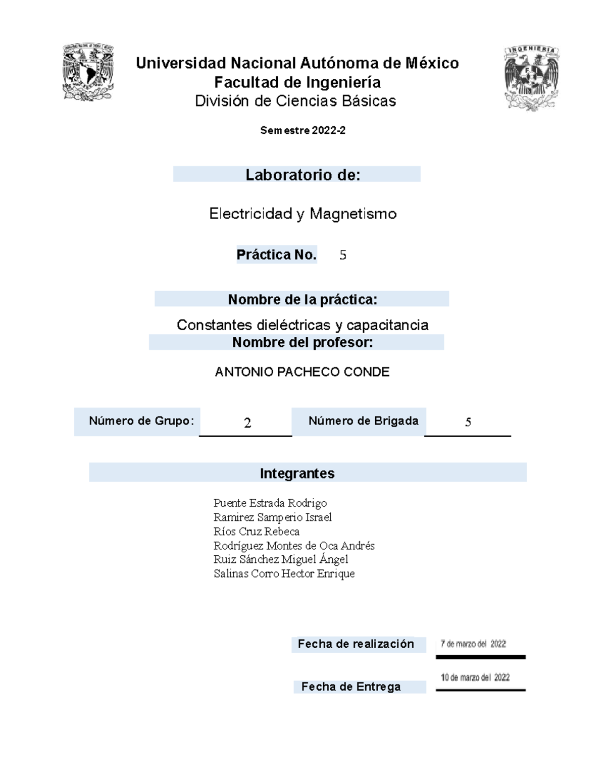 Práctica 5 Constantes Dieléctricas Y Capacitancia En Electricidad Y