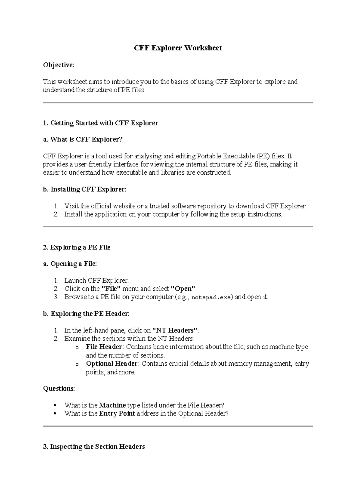 CFF Explorer Worksheet: Understanding PE File Structure and Analysis - Studocu
