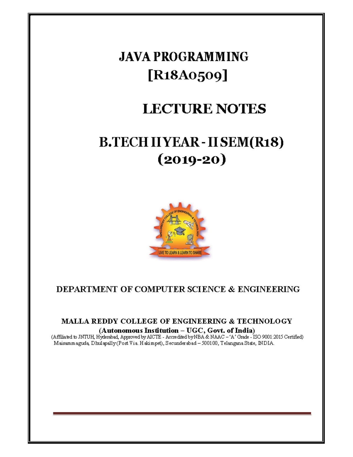 JAVA PROGRAMMING LECTURE NOTES B.TECH II YEAR II SEM (R18) CSE - Studocu