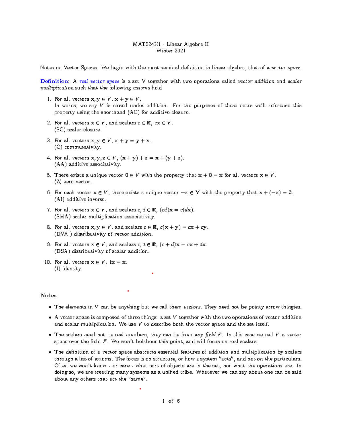 MAT224-Notes on Vector Spaces: Exploring Axioms & Properties - Studocu