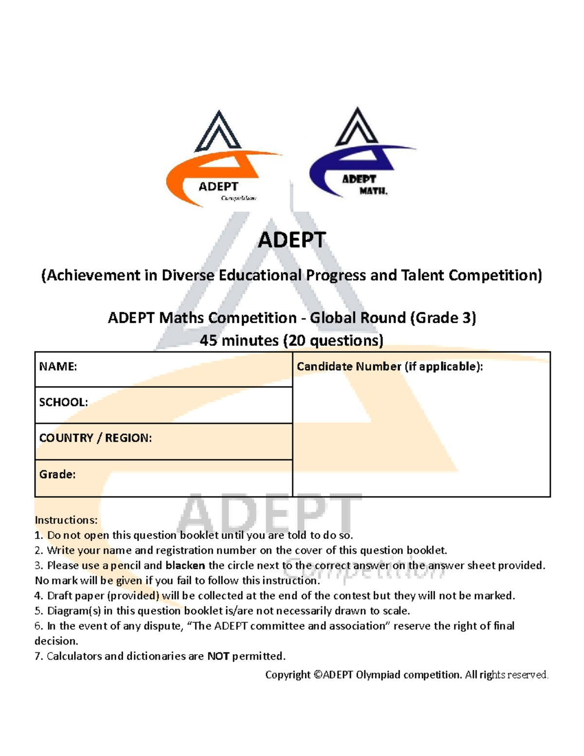 ADEPT Maths Competition Global Round - Grade 3 (2025) - Studocu