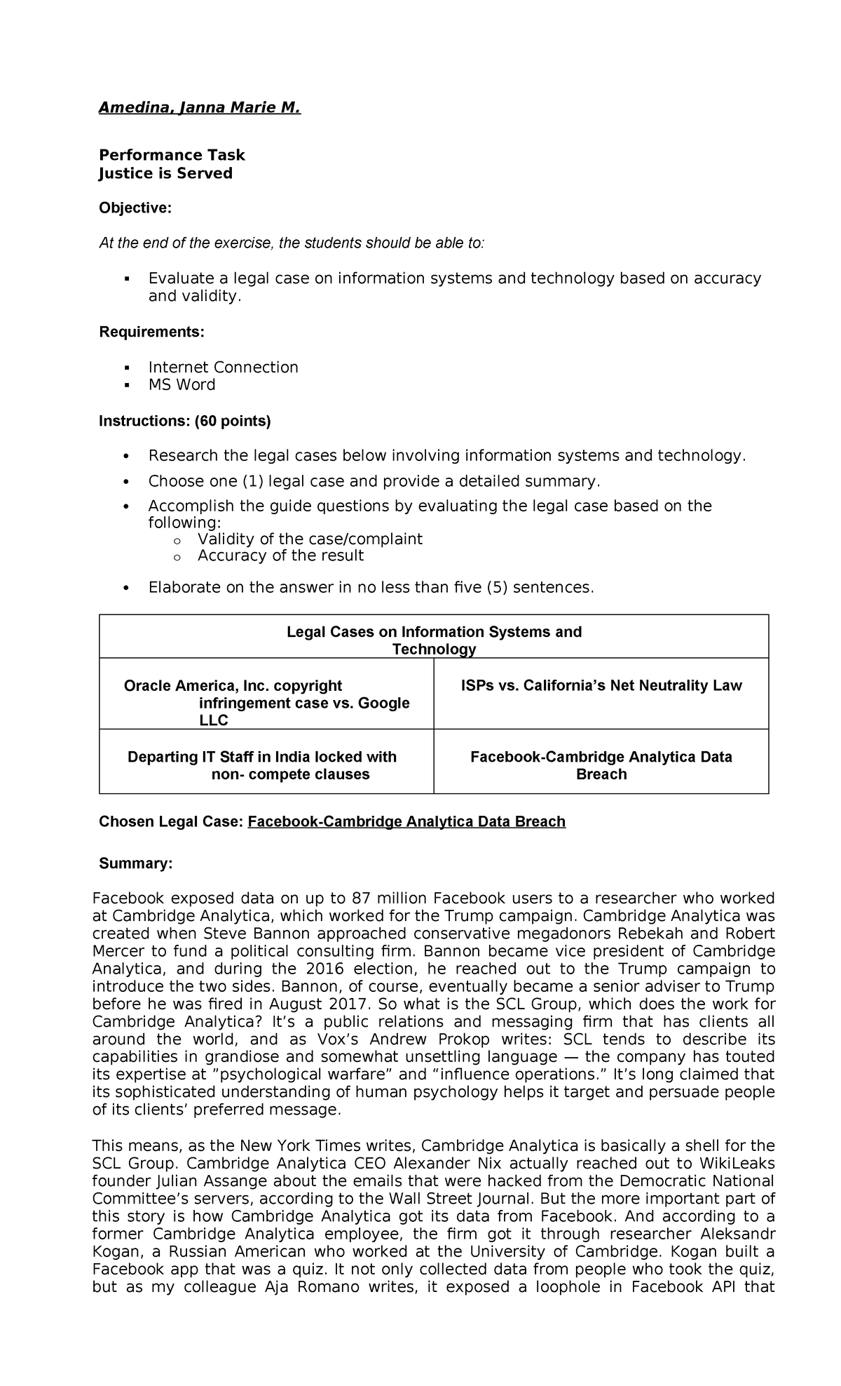 06 Performance Task 1 - Legal Case Evaluation on Tech Issues - Studocu