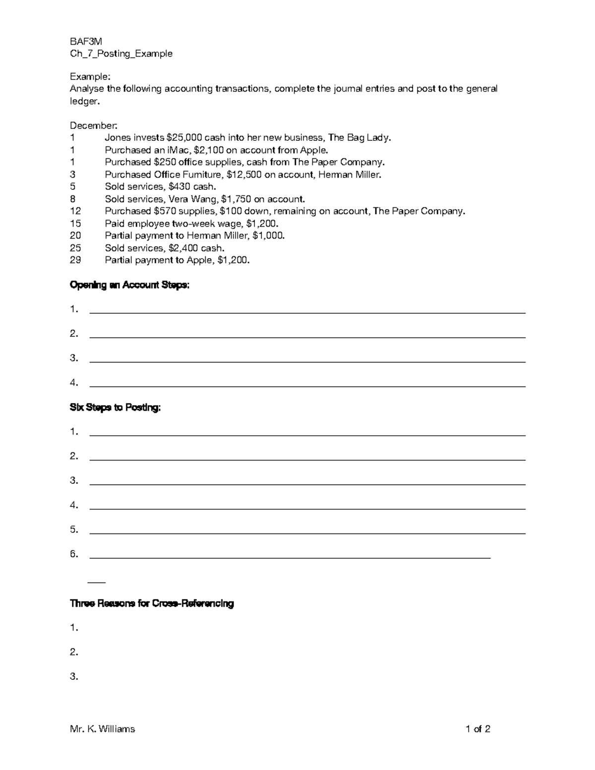 BAF3M: Ch 7 Posting Example - Journal Entries & Ledger Posting Guide ...