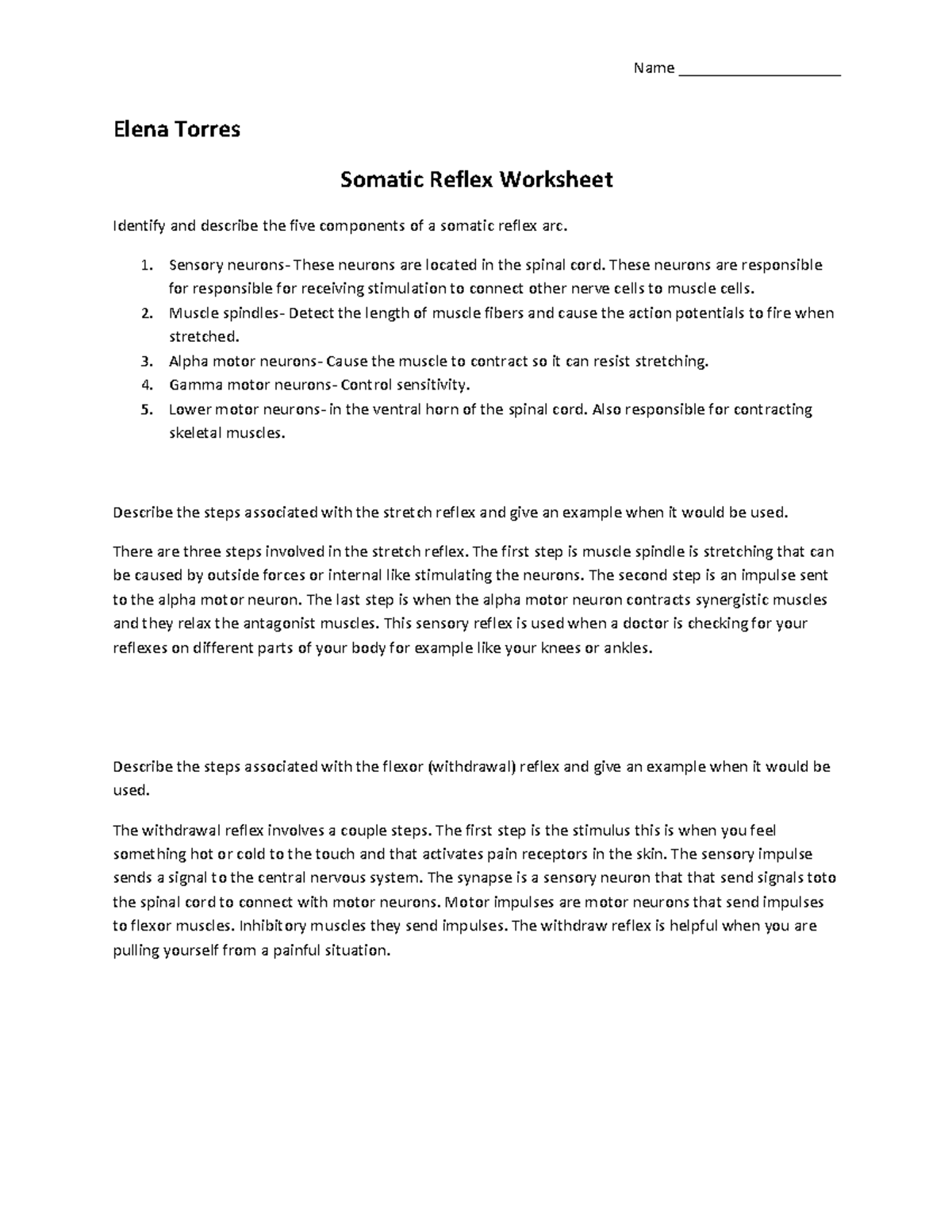 Somatic Reflex Arc Components and Functions Worksheet - Studocu