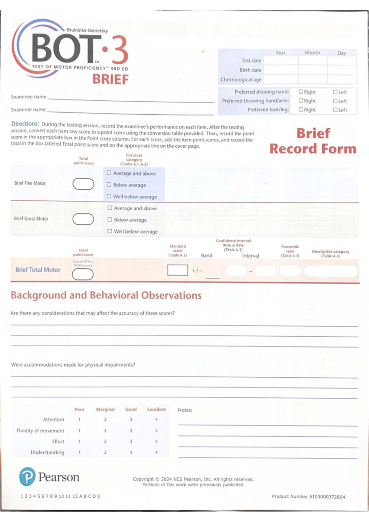 BOT3 Brief Fine Motor Assessment Record Form - Studocu
