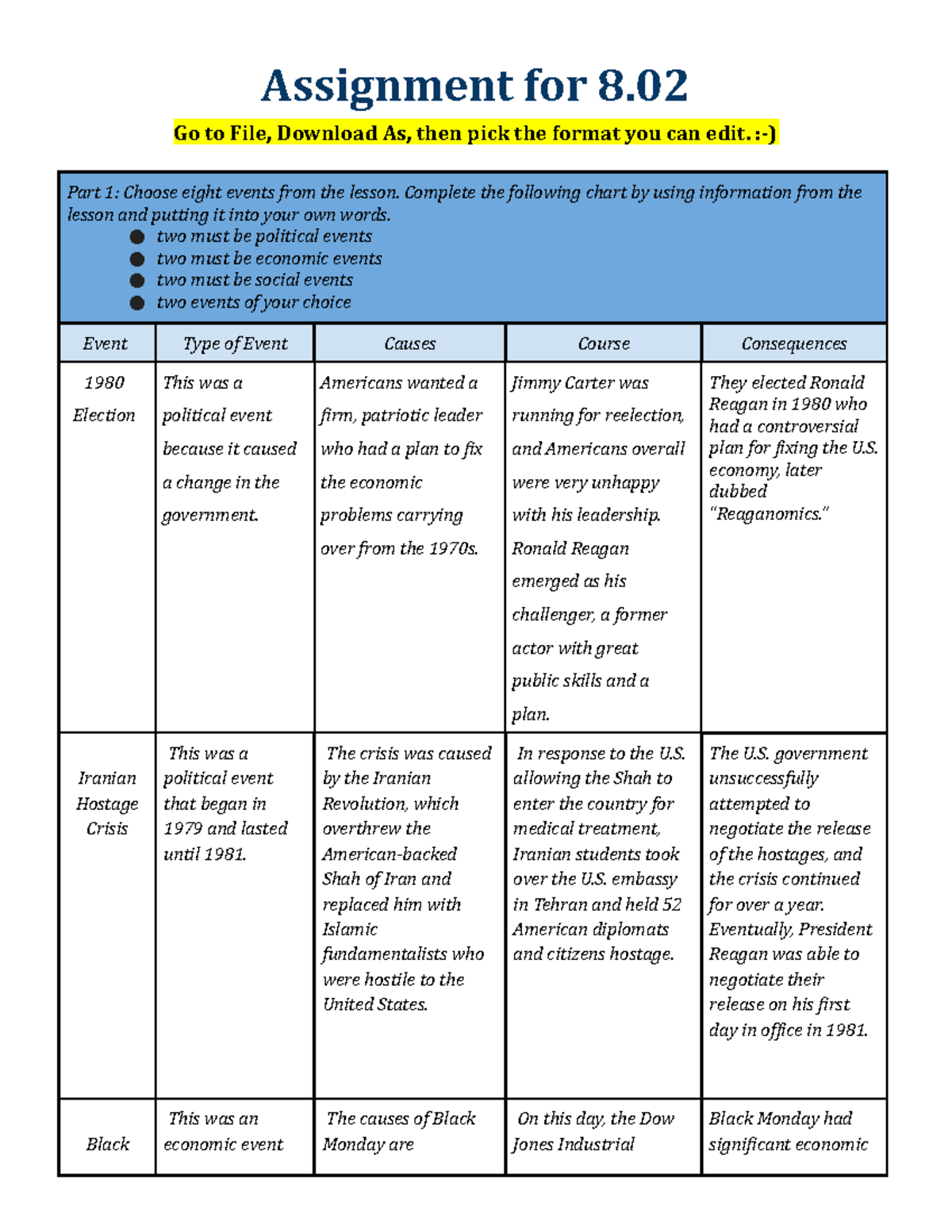 Copy of USH 8 - us history assigement - Assignment for 8. Go to File ...