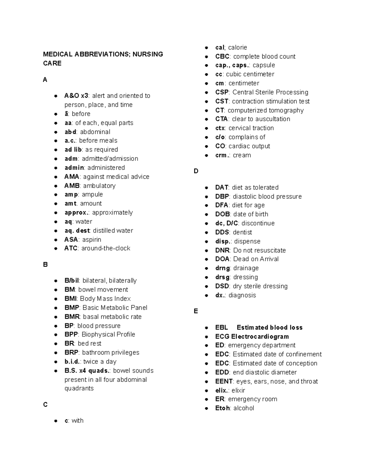 Medical-abbreviations - MEDICAL ABBREVIATIONS; NURSING CARE A A&O x3 ...