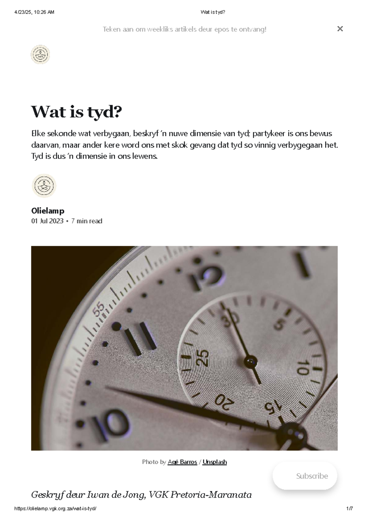 VGK 10:26 AM - Wat is Tyd? 'n Verkenning van Tyd en God se Plan - Studocu