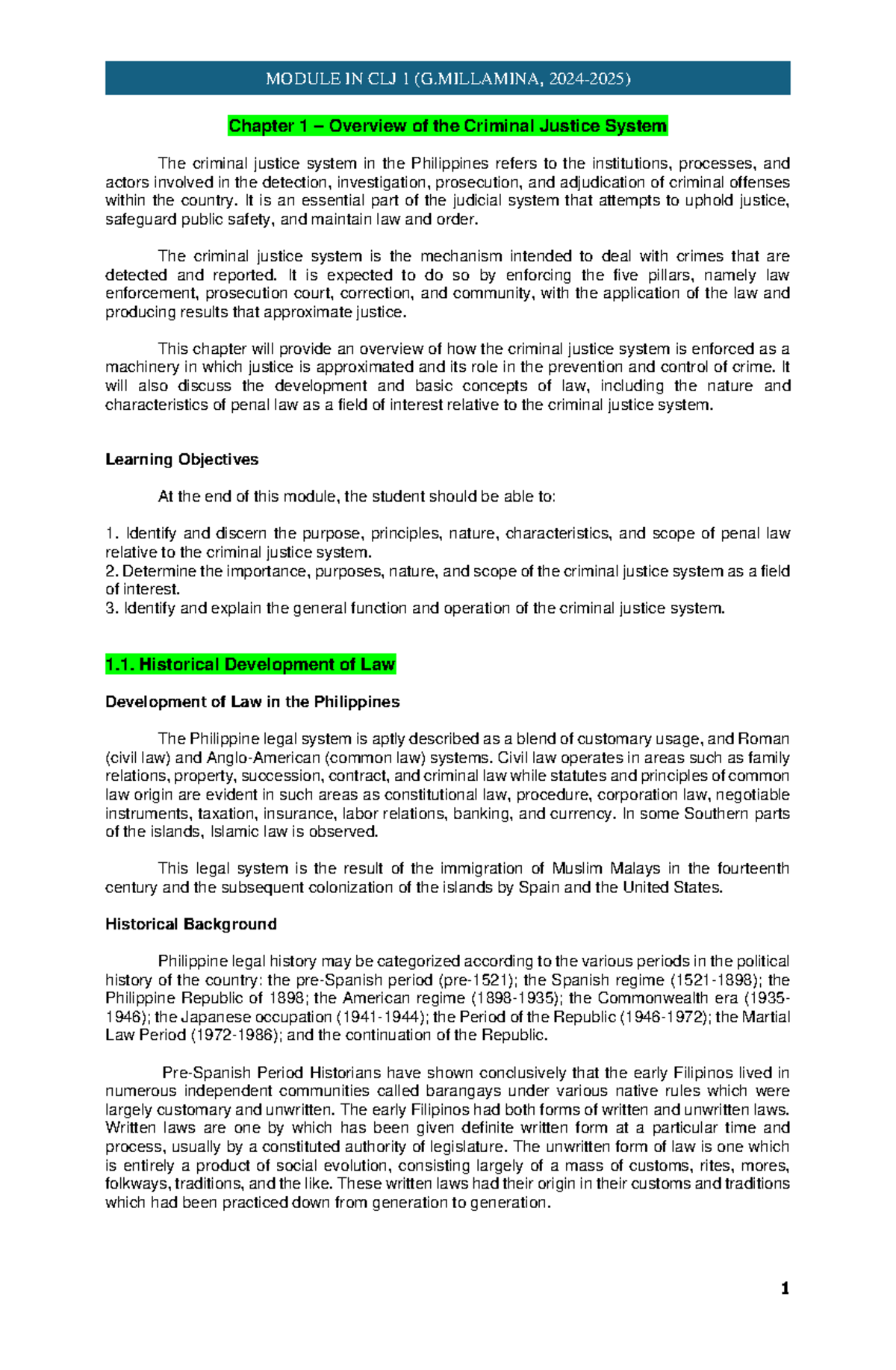 CLJ 1: Chapter 1 Overview of the Philippine Criminal Justice System - Studocu