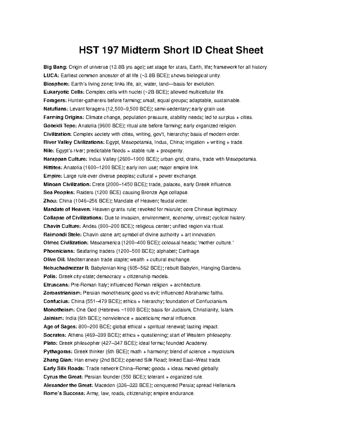 HST 197 Midterm Study Guide: Key Concepts & Civilizations Overview ...