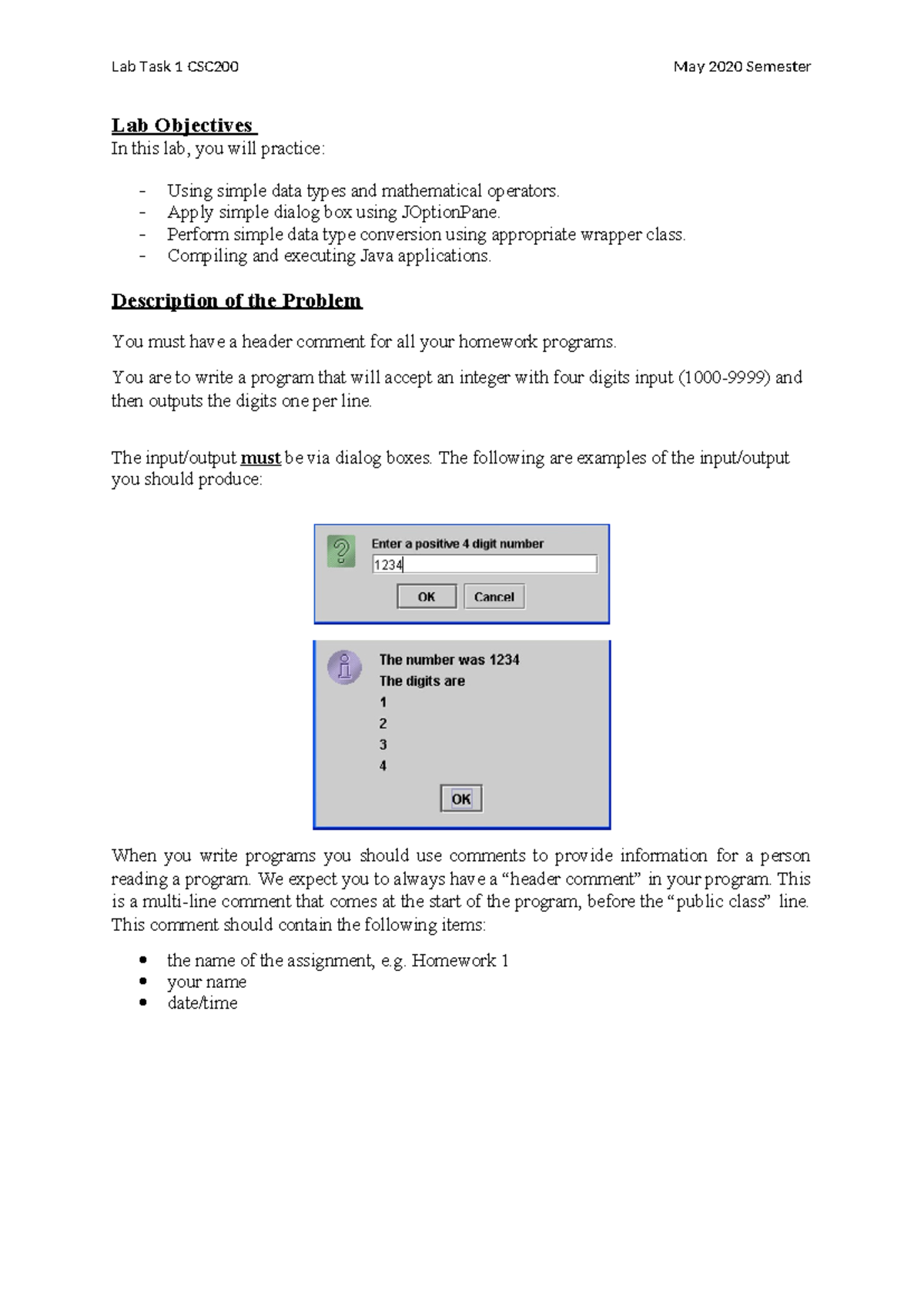 Lab Tutorial 1 - gfhngh - Lab Task 1 CSC200 May 2020 Semester Lab ...