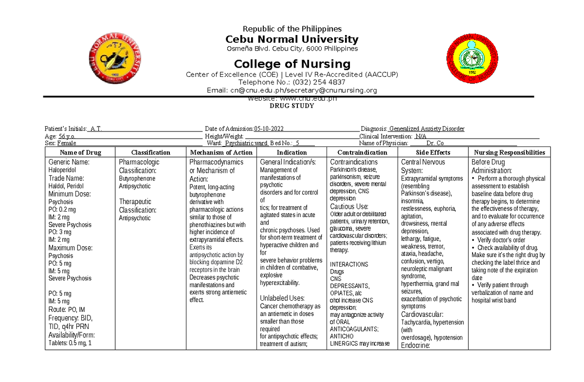 Haloperidol Drug Study: Comprehensive Overview and Patient Care (NURS ...