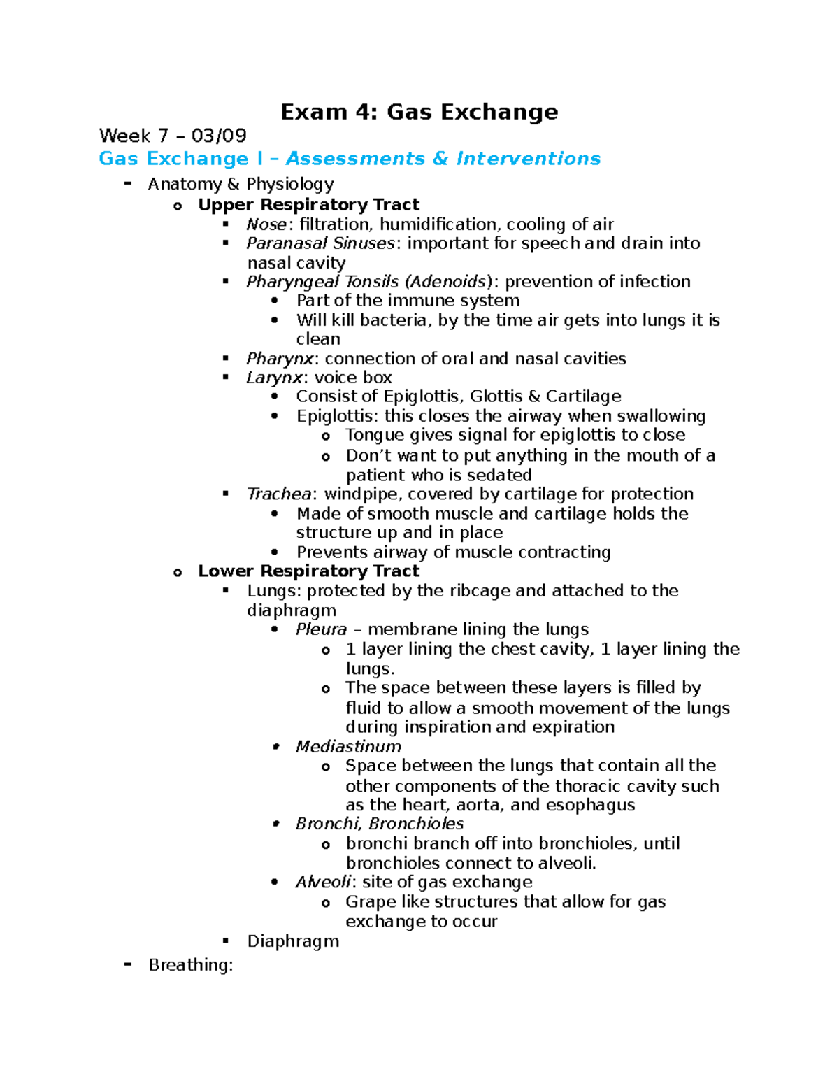 Exam 4 - Gas Exchange - Exam 4: Gas Exchange Week 7 – 03/ Gas Exchange ...