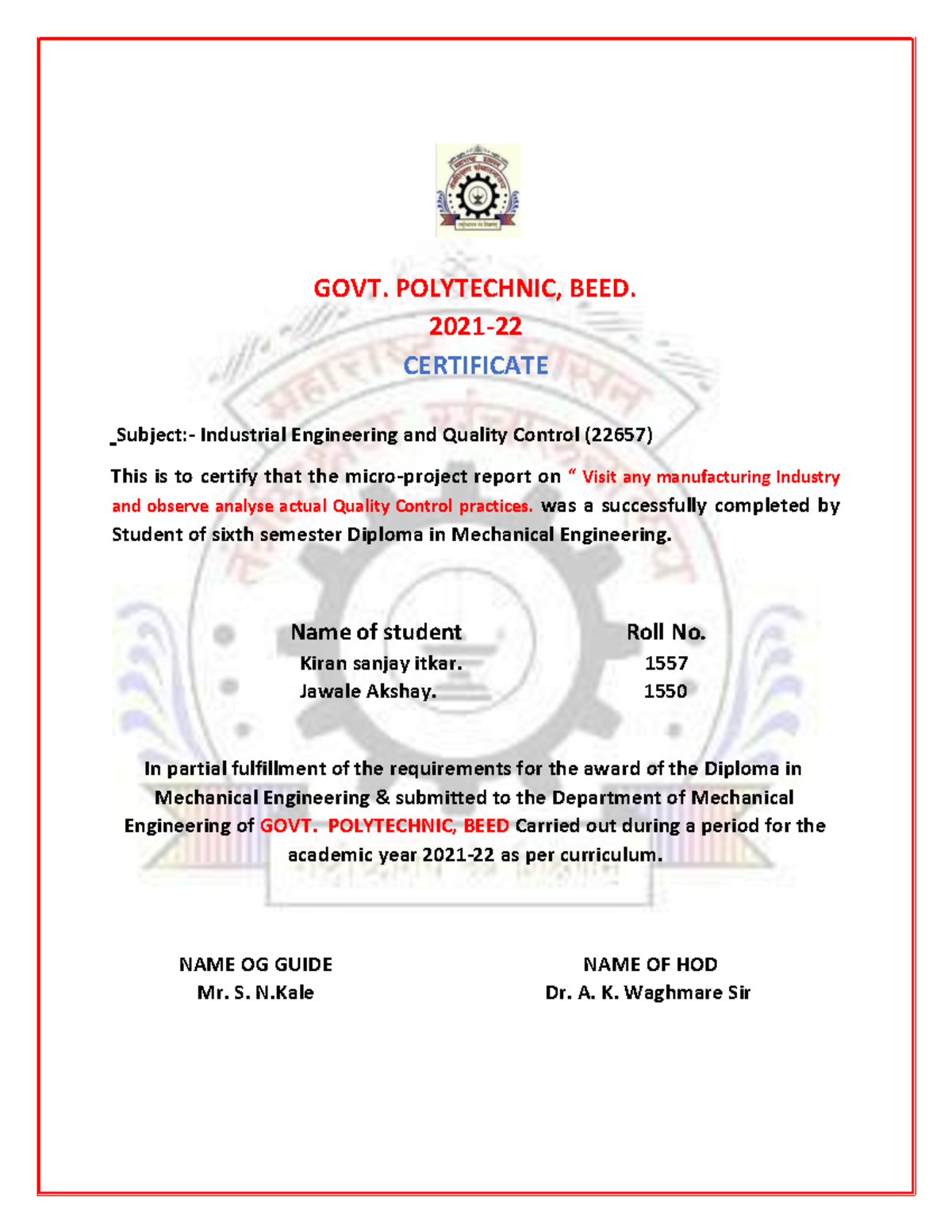 IEQ (22657) Micro Project Report: Quality Control Practices Analysis - Studocu