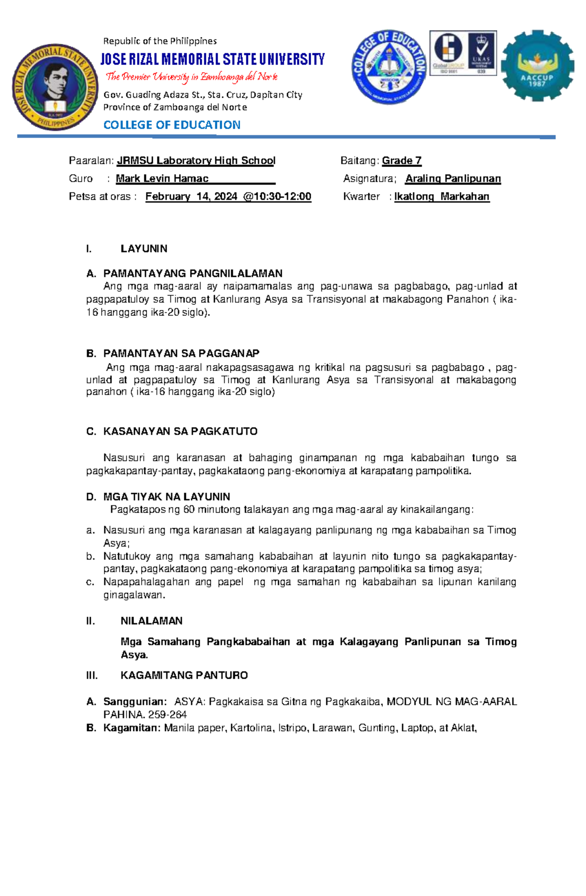 Sample Lesson Plan (LP) for Grade 7 Social Studies: Women's Roles in ...