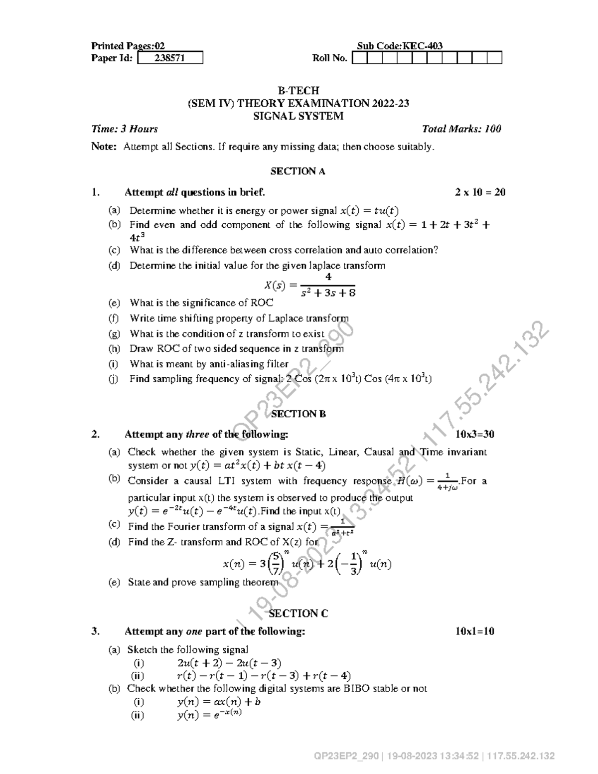 Btech ec 4 sem signal system kec 403 2023 - QP23EP2_ | 19-08-2023 13:34 ...