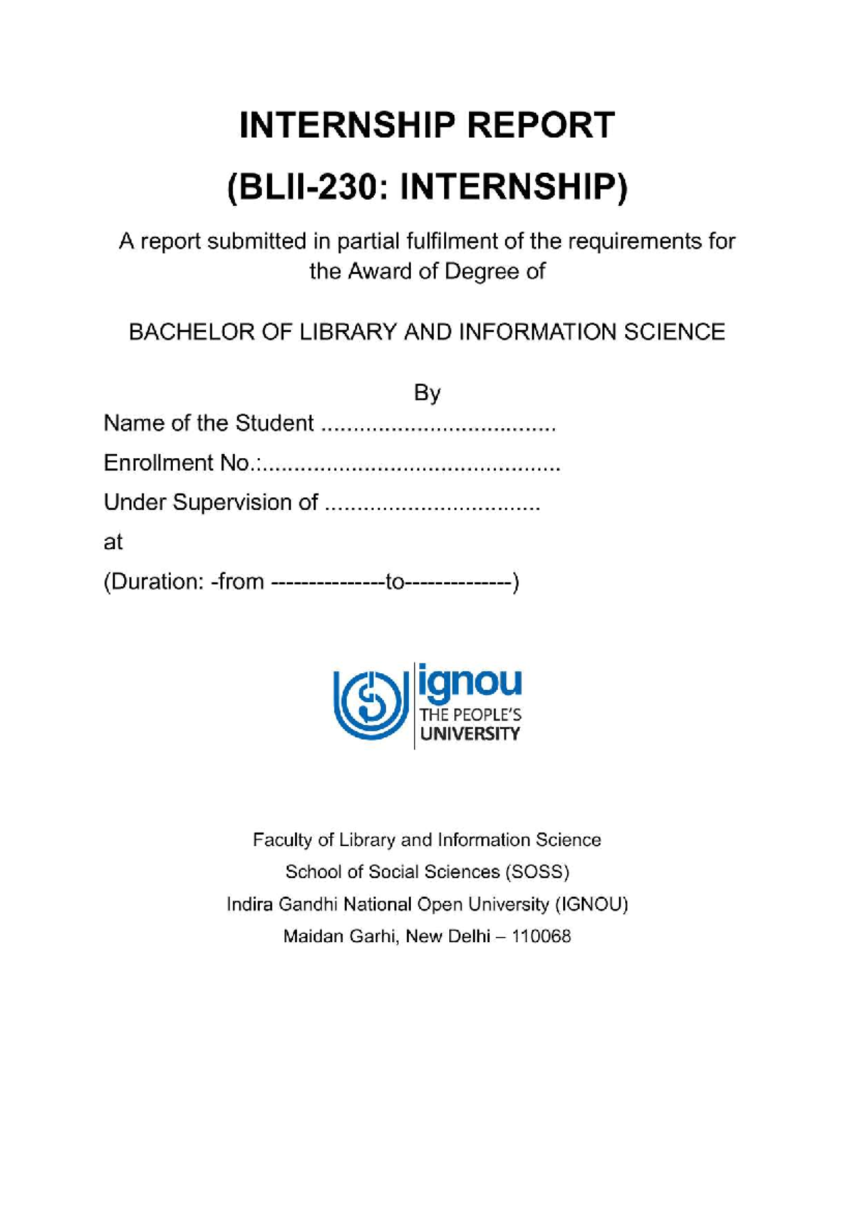 BLII 230: Internship Report Template for BLIS Program - Studocu