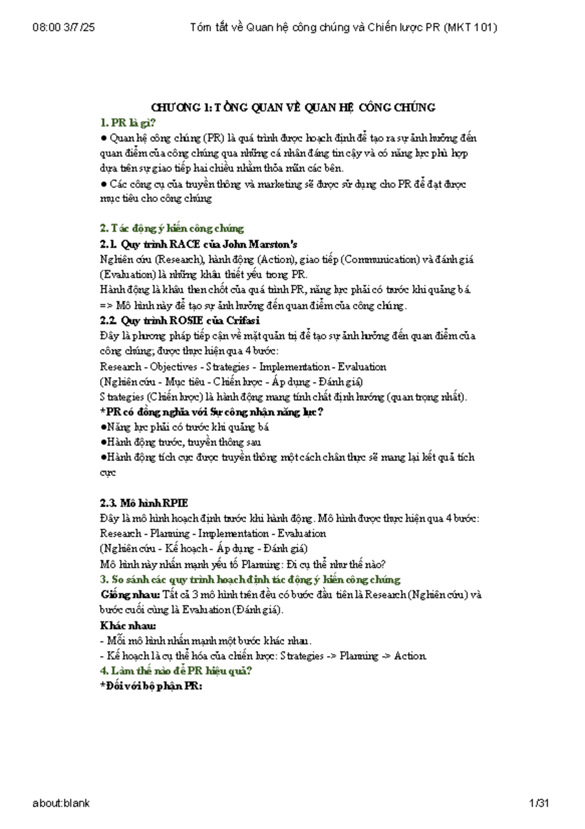 Tóm tắt Quan hệ công chúng và Chiến lược PR (MKT 101) - Chương 1 đến 6 - Studocu