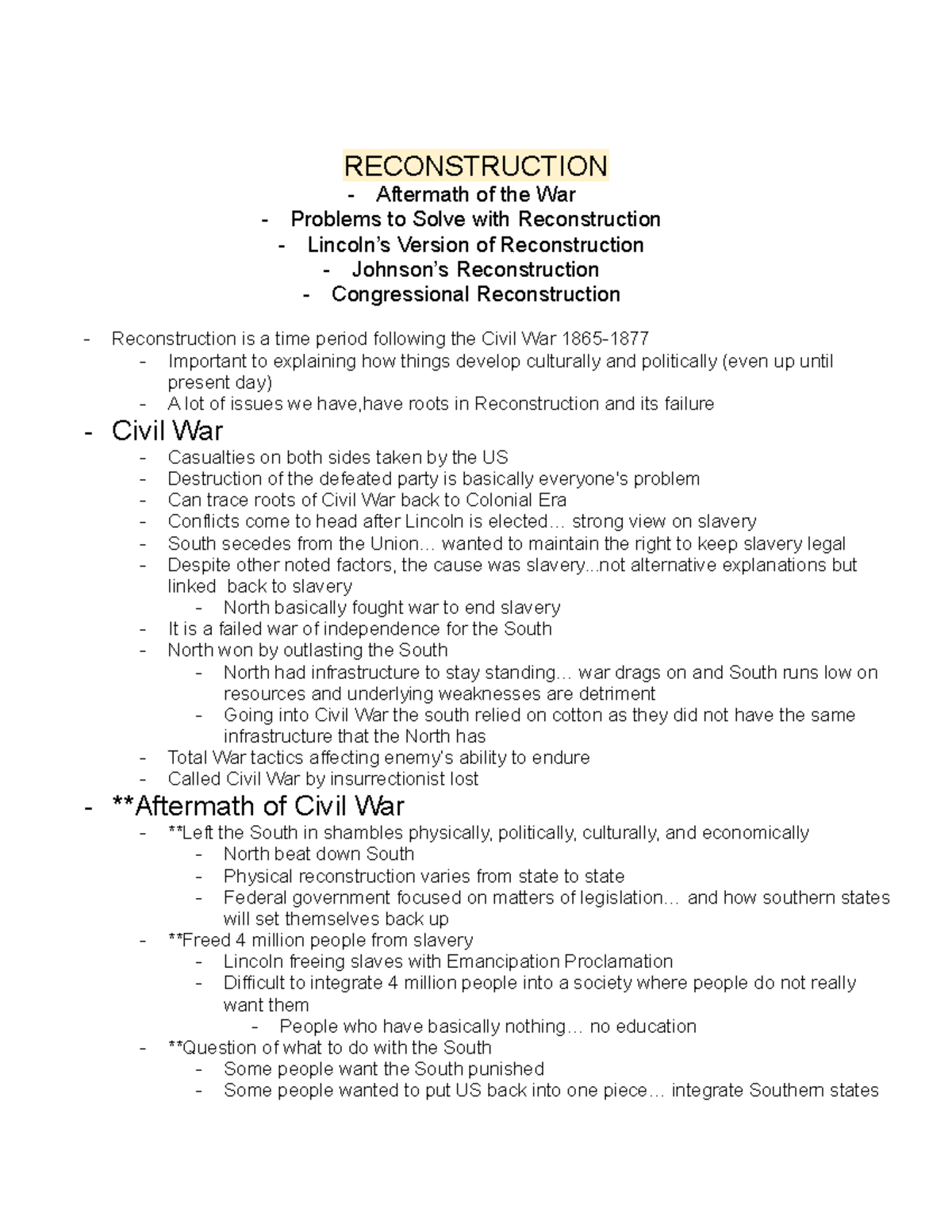 HIST 111 Notes - RECONSTRUCTION - Aftermath of the War - Problems to ...
