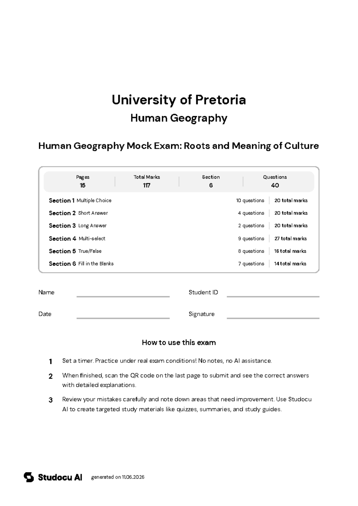 Human Geography Mock Exam: Roots and Meaning of Culture - Studocu