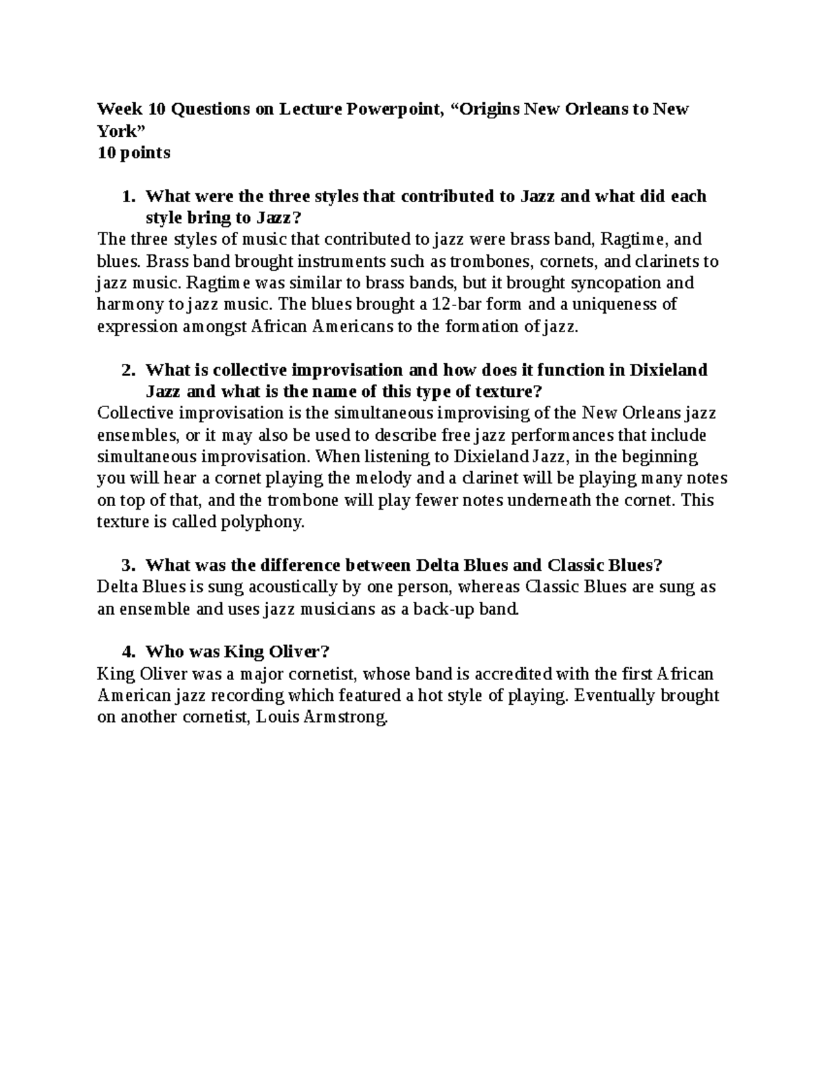 Week 10 Questions on Jazz Styles and Collective Improvisation - Studocu