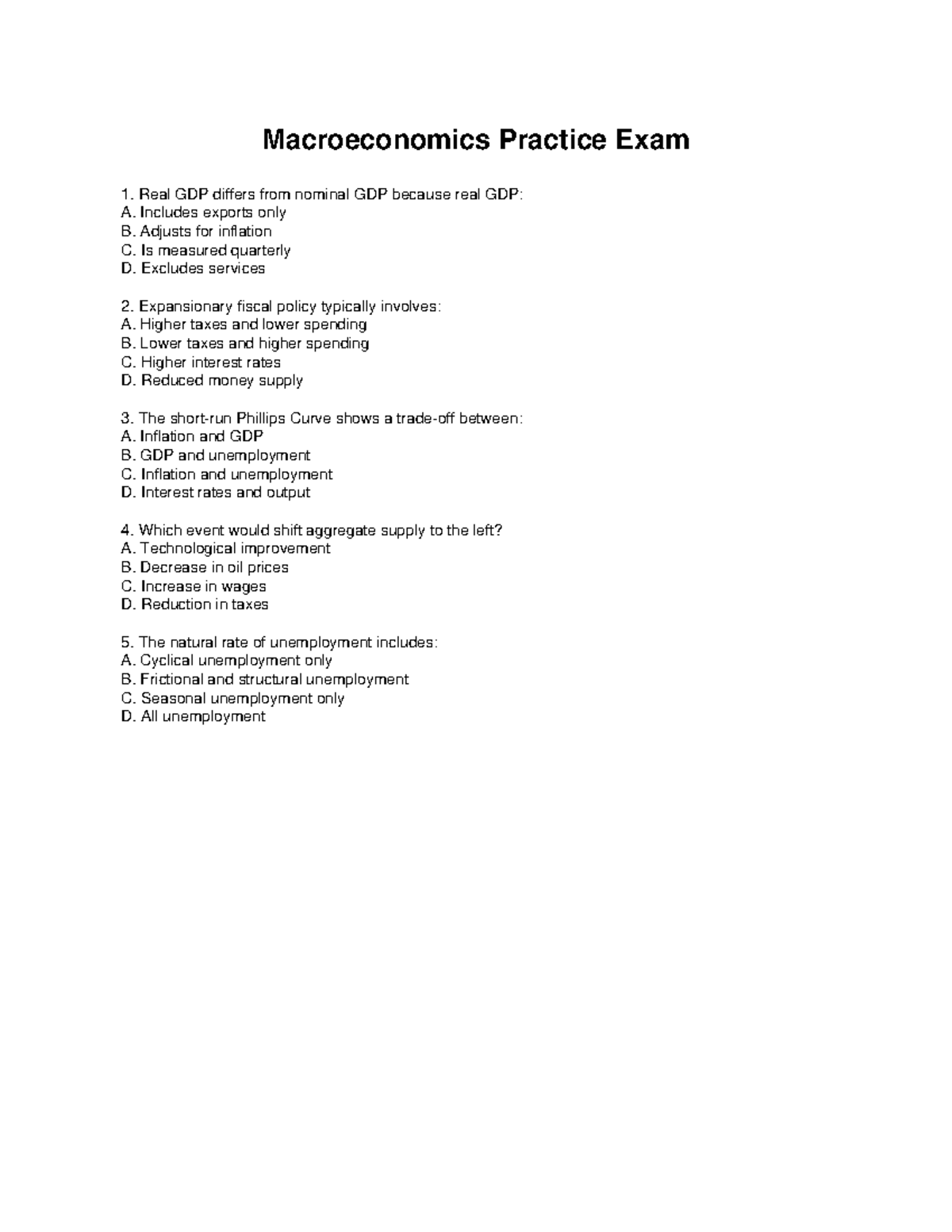 Macroeconomics Practice Exam 2: Key Concepts and Questions - Studocu