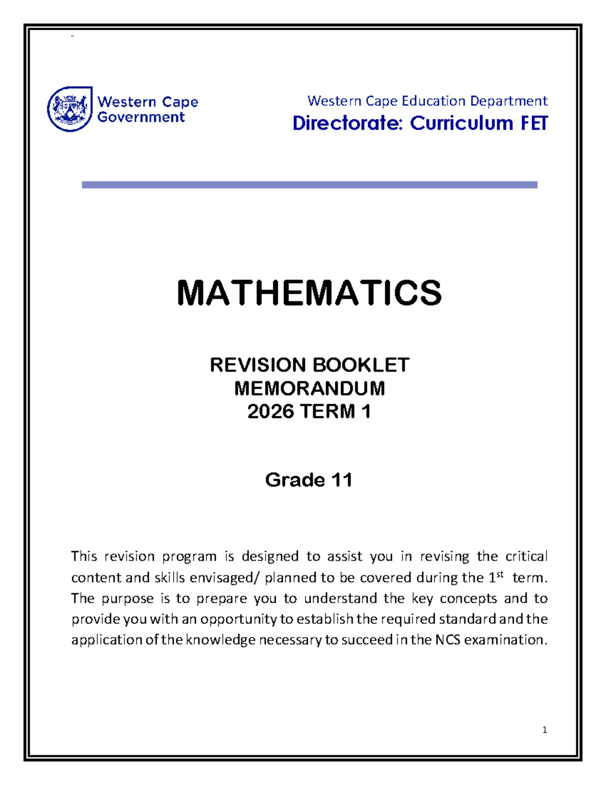 Mathematics Grade 11 Term 1 Revision Memo 2026 - Studocu