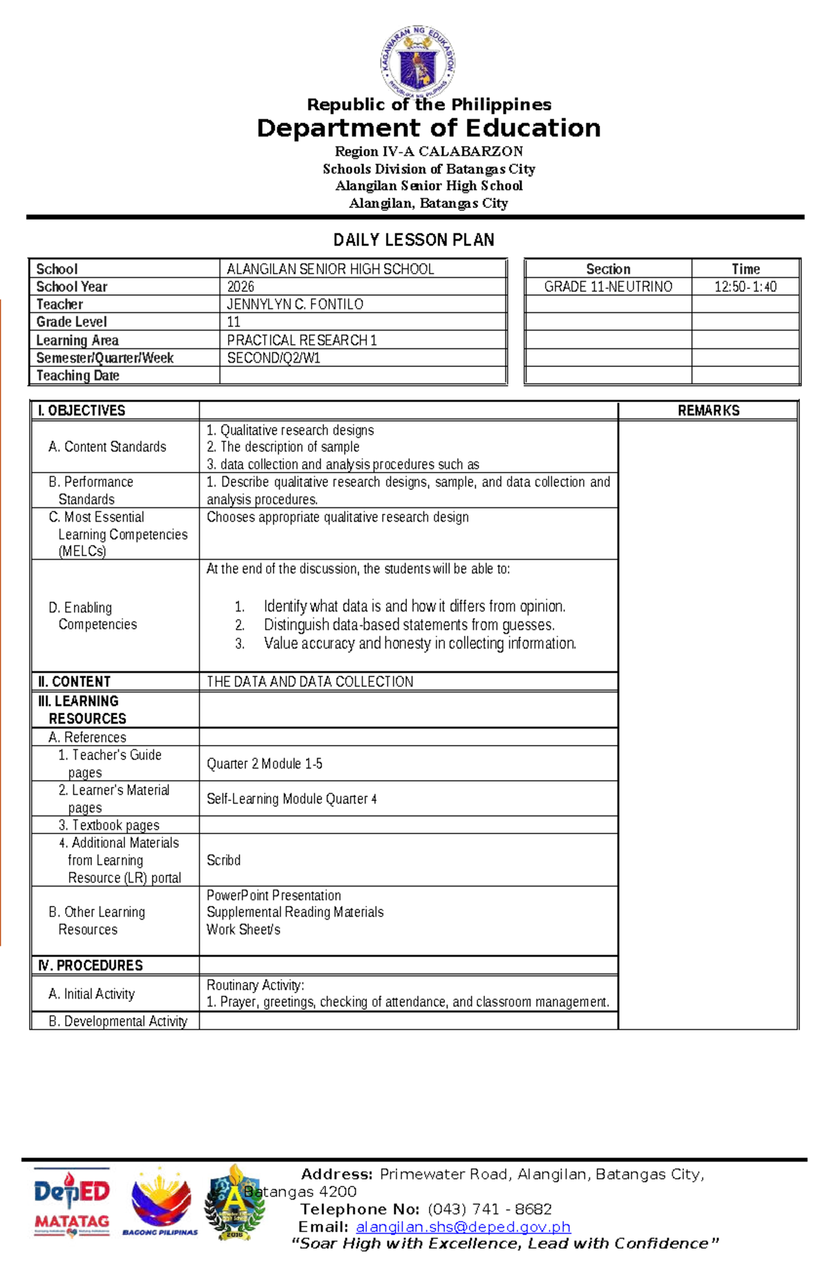 PR 1 D3W1 - Daily Lesson Plan on Data Collection Techniques - Studocu