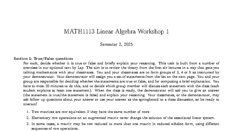 MATH1113 Linear Algebra Workshop 1: True/False Questions & Explanations ...