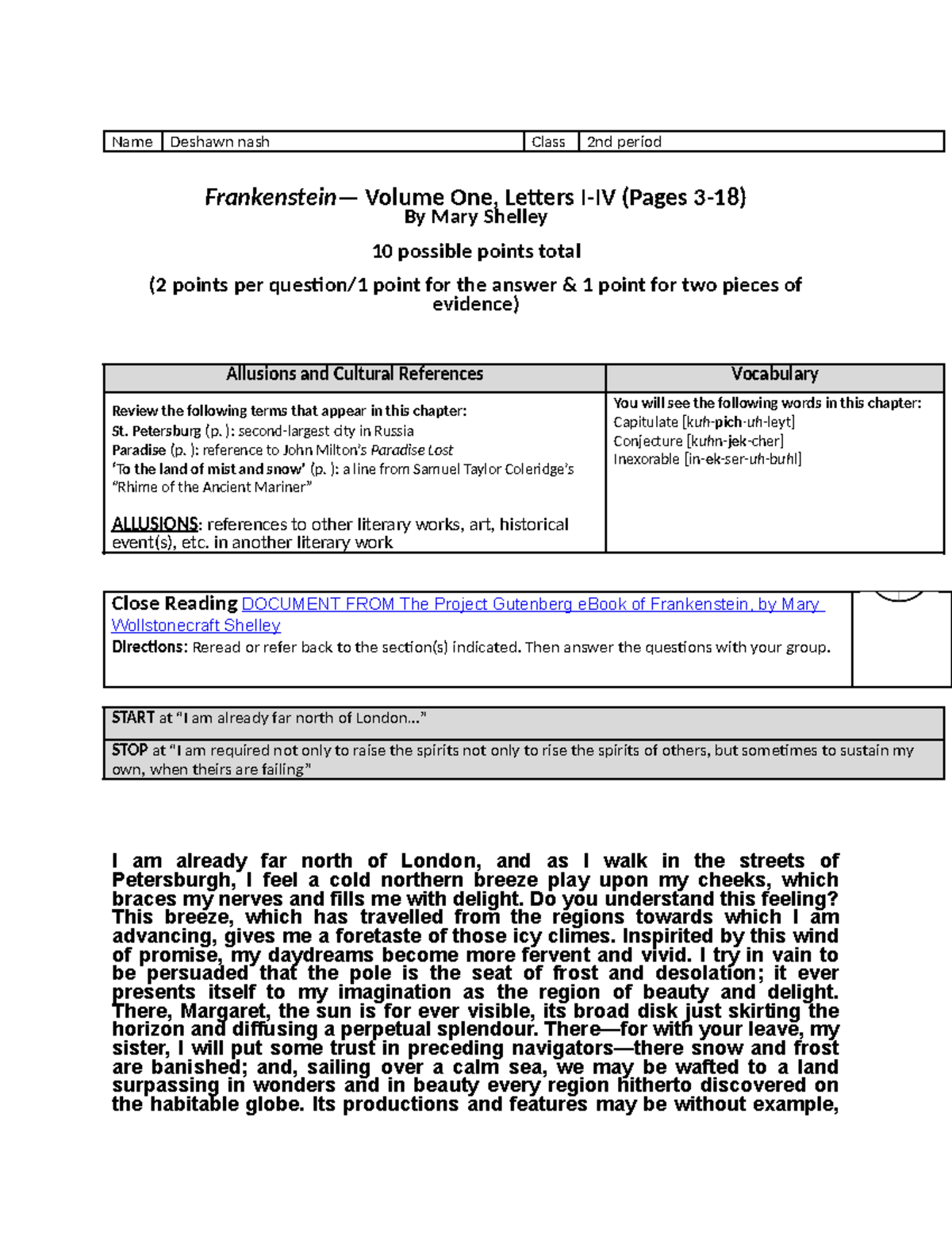 Copy of 2.04 Frankenstein Volume One, Letters I-IV Study Questions Ed1 ...