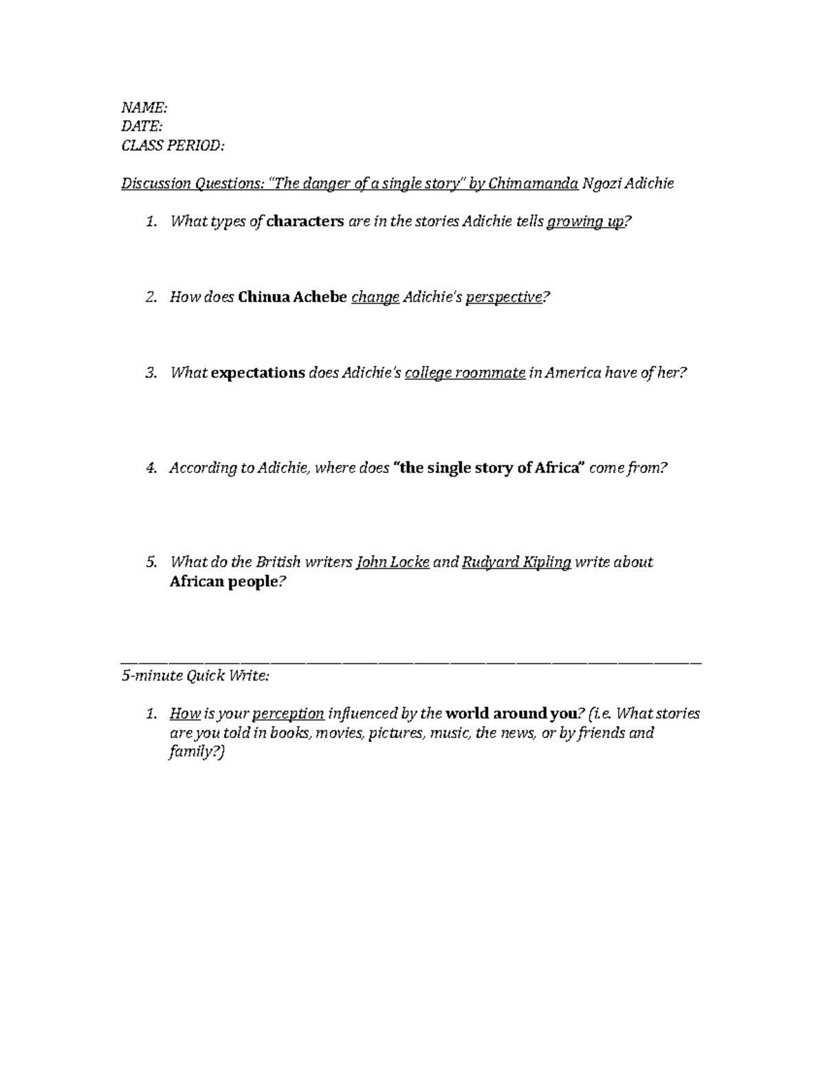 Discussion Questions and Prompts for The Danger of a Single Story ...
