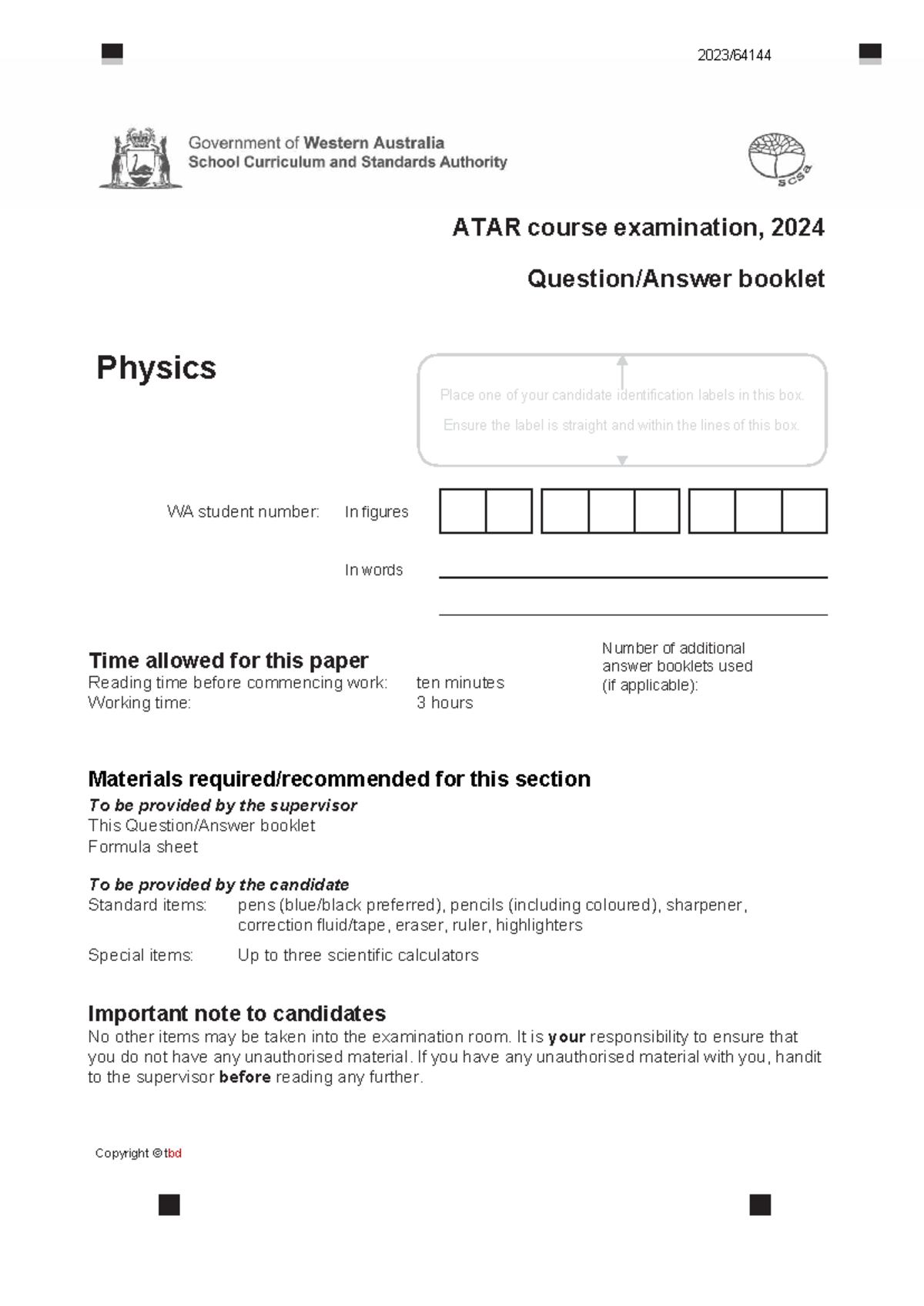 ATAR Physics Exam Question/Answer Booklet 2024 - Studocu