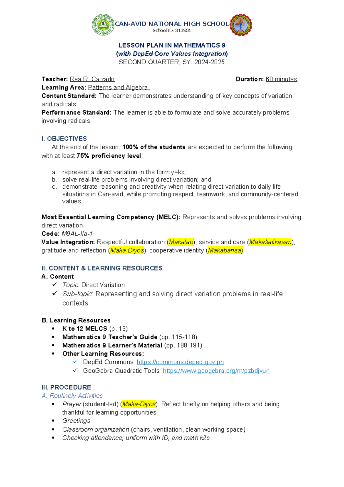 Core Values Lesson Plan: Mathematics 9 (2nd Quarter) - Studocu