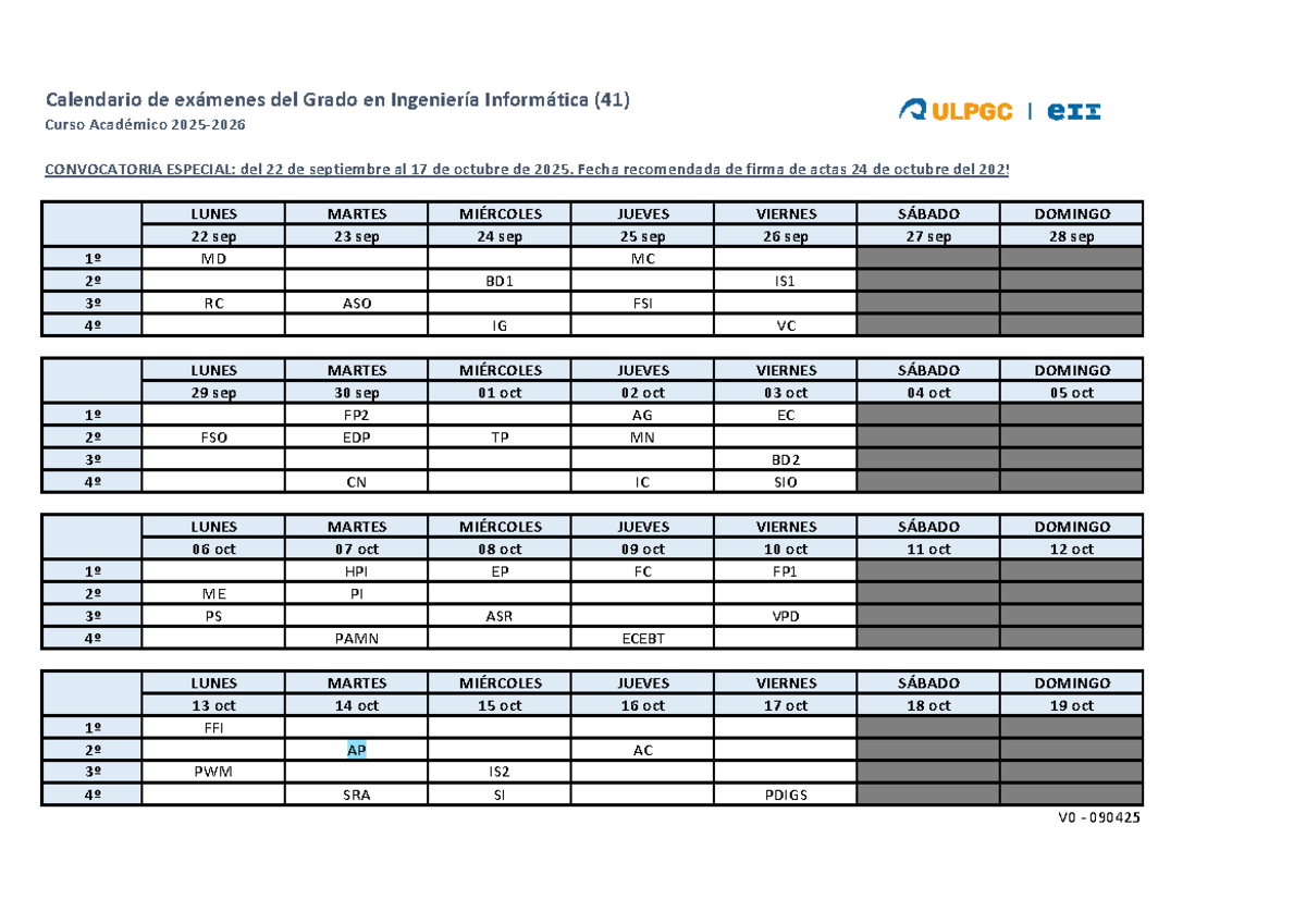 Calendario de Exámenes del Grado en Ingeniería Informática (41) 2025 ...
