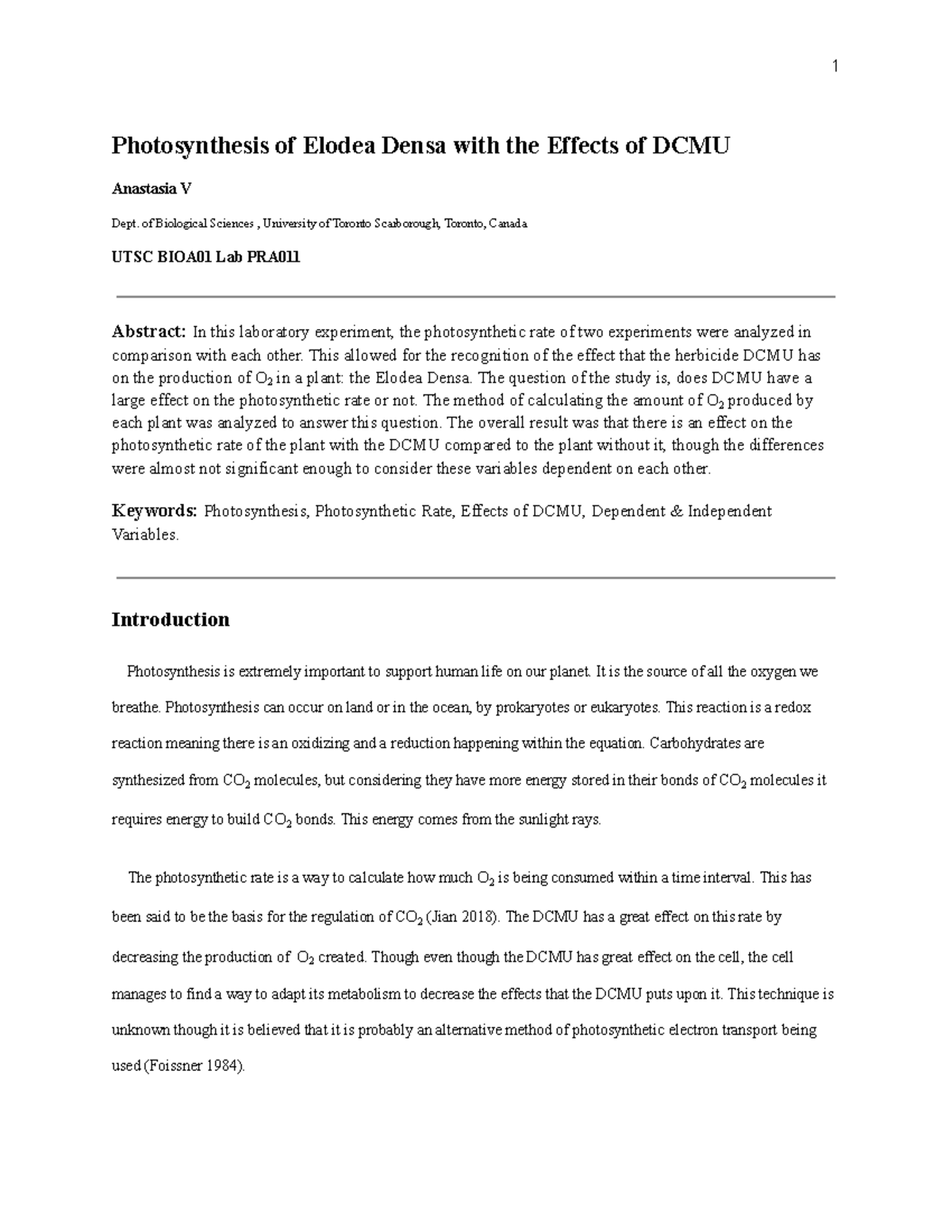 BIOA01 Lab Report: Photosynthesis of Elodea Densa & DCMU Effects - Studocu