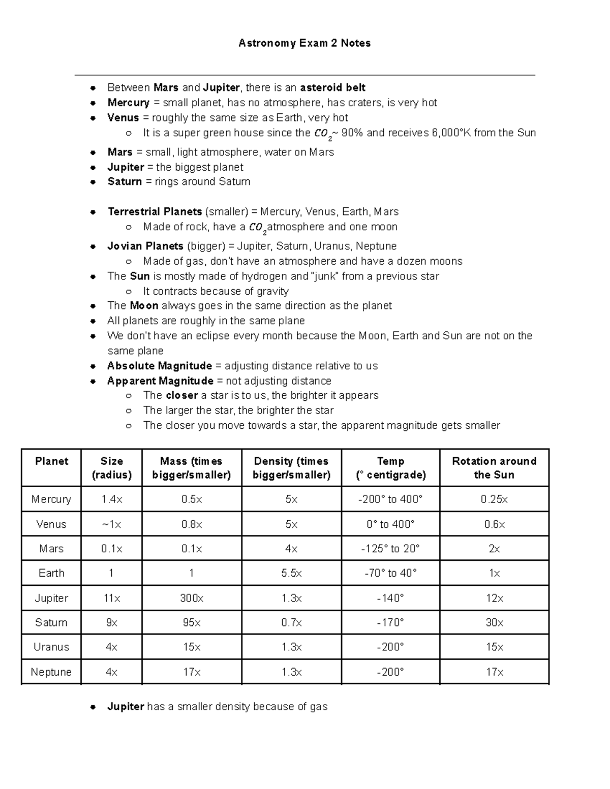 Astronomy 101 Exam 2 Study Notes: Planetary Science and Stars - Studocu
