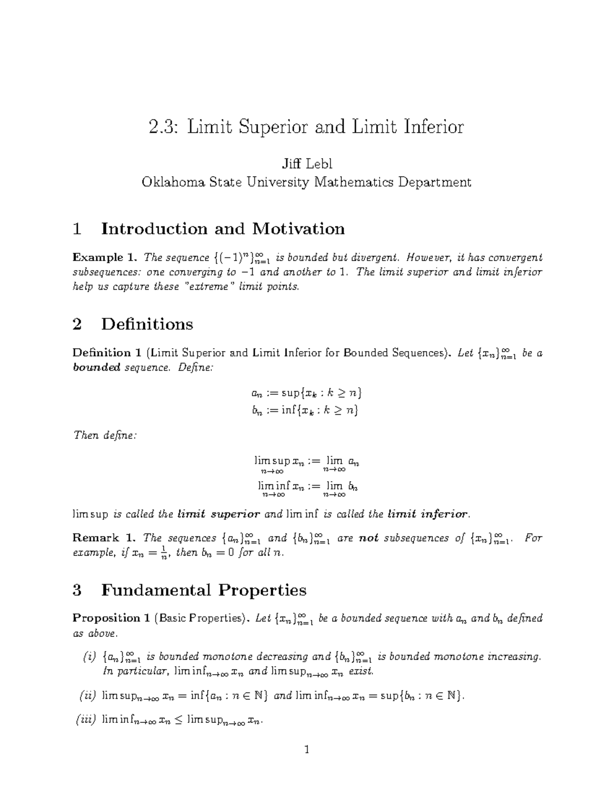 Limit Superior and Limit Inferior: Real Analysis Notes (MATH 2.3) - Studocu