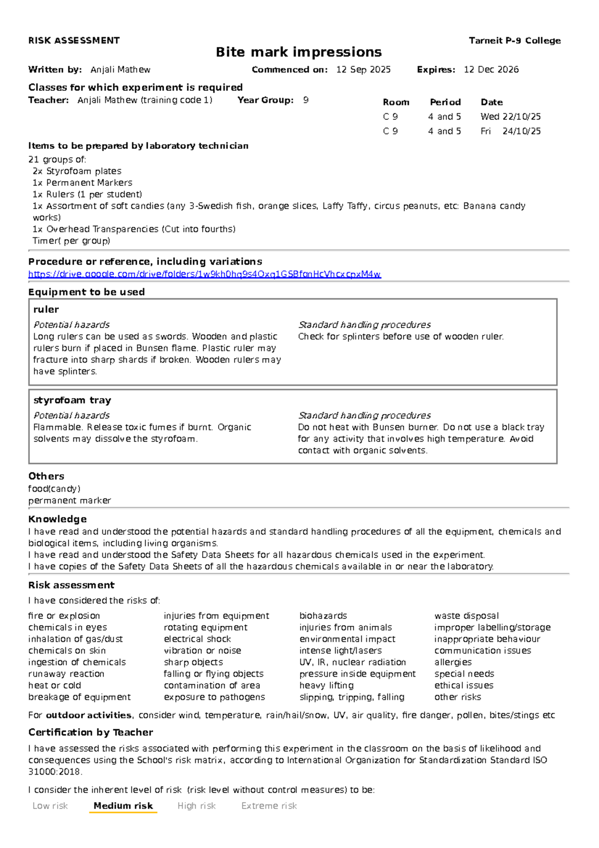 RISK ASSESSMENT: Bite Mark Impressions Experiment (Year 9) - Studocu