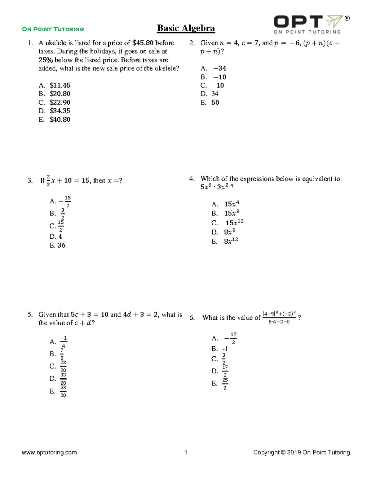 Algebra Practice Problems for Course 1 - Comprehensive Review - Studocu