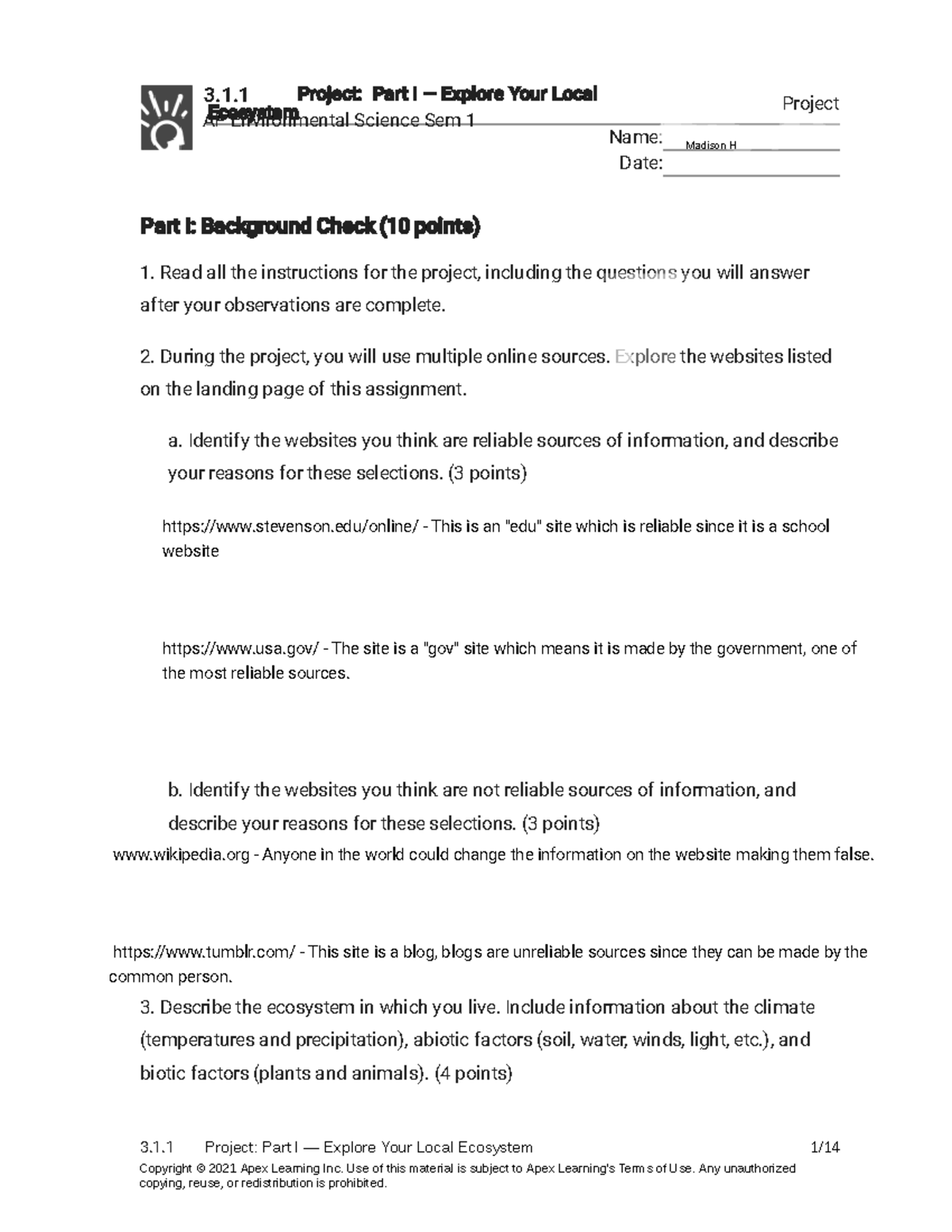 AP Environmental Science Sem 1: Explore Your Local Ecosystem Project ...