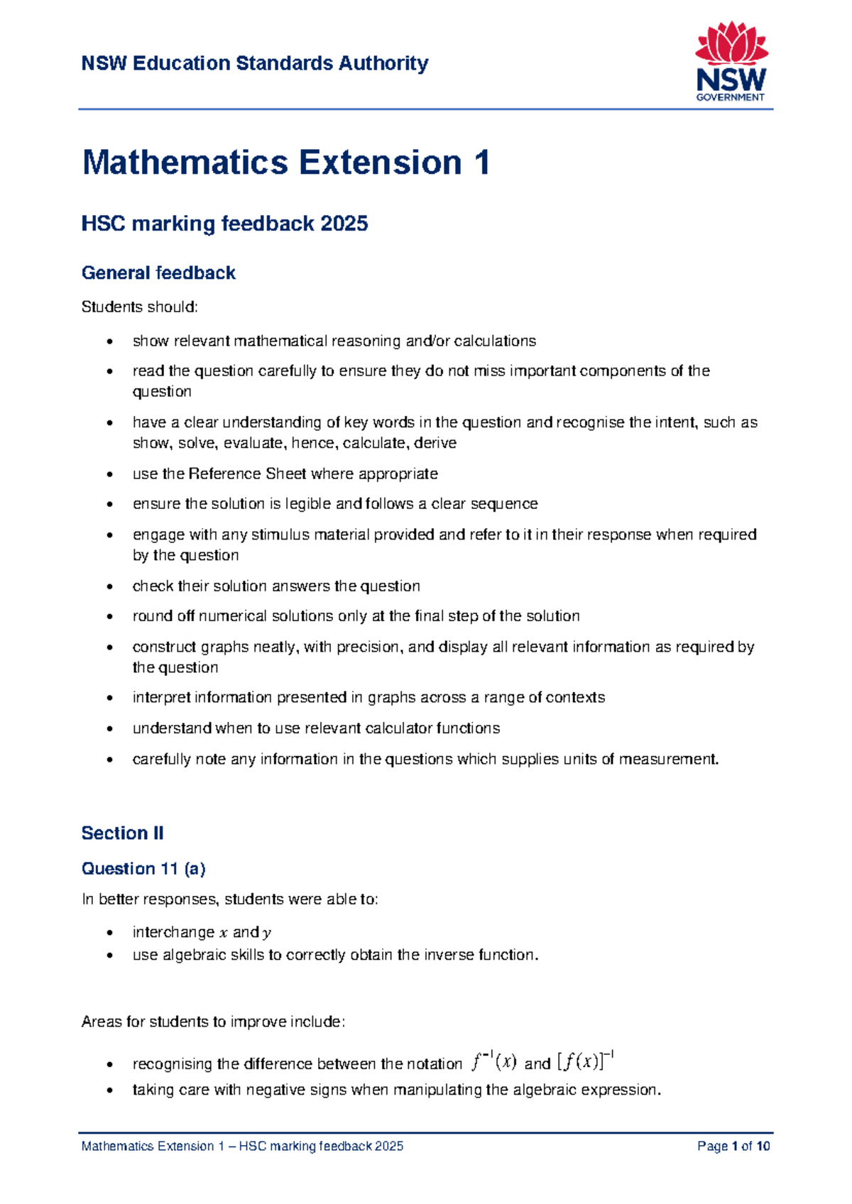 2025 HSC Mathematics Extension 1 Marking Feedback Summary - Studocu