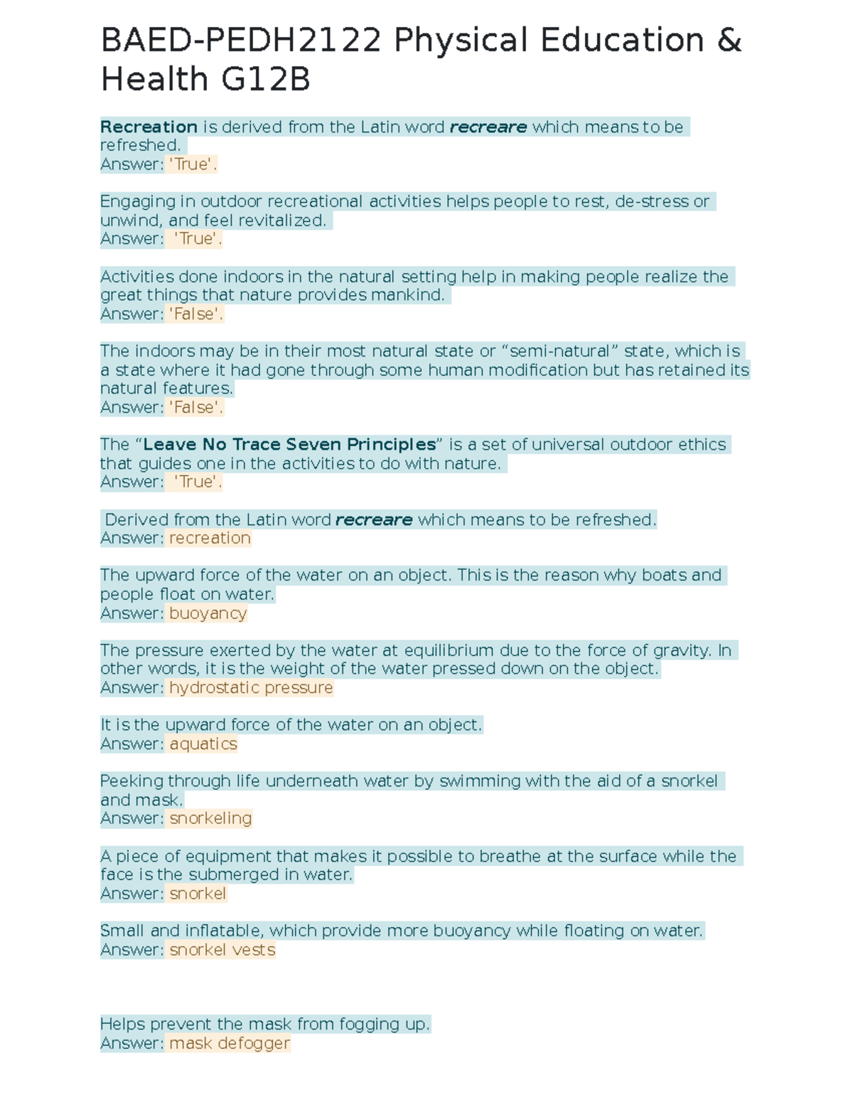 BAED-PEDH2122 2nd Sem - Physical Education & Health Summary - Studocu